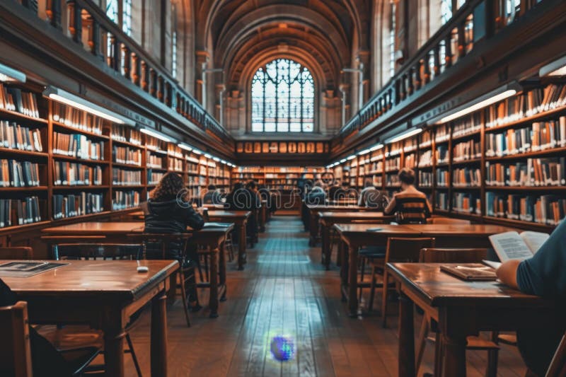 Rows of Bookshelves in a Large Library with Numerous Books, Studying ...