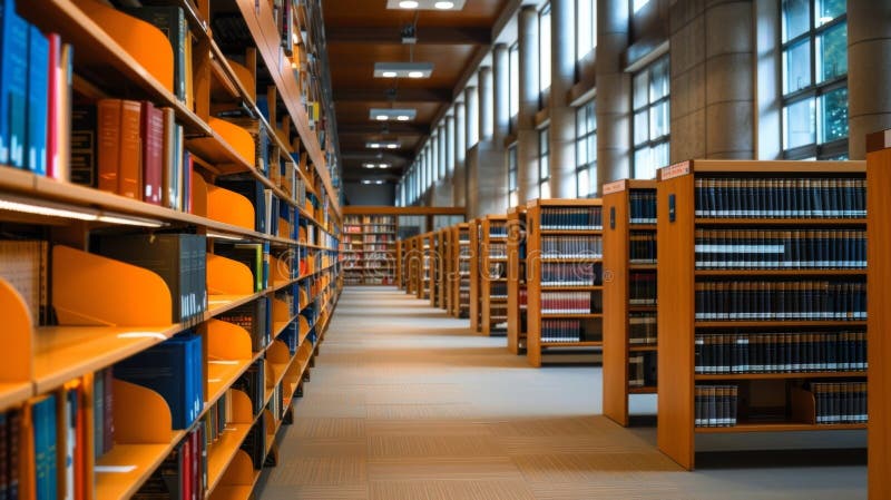 Rows of Bookshelves in a Library Lit Up by Energyefficient LED Lights ...