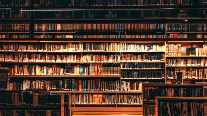 Rows of Bookshelves Packed with Books, Illuminated by Warm Light, in a ...