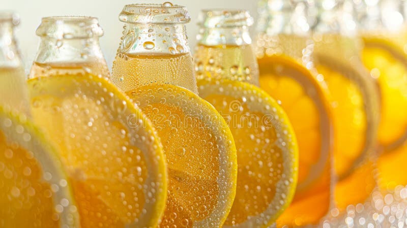 Rows of Bottled Beverages with Slices of Citrus Fruit Inside. Stock ...