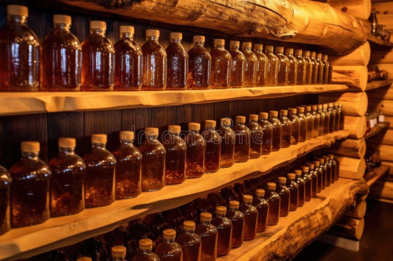 Rows of Bottled Maple Syrup on Rustic Wooden Shelves Stock Photo ...