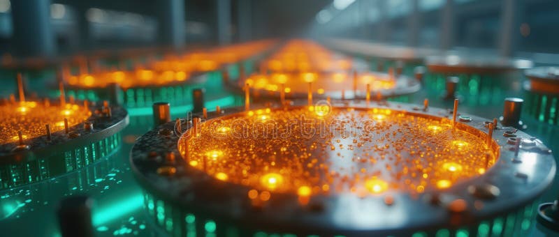 Rows of Brightly Lit Circuit Boards Illuminate a High-tech ...