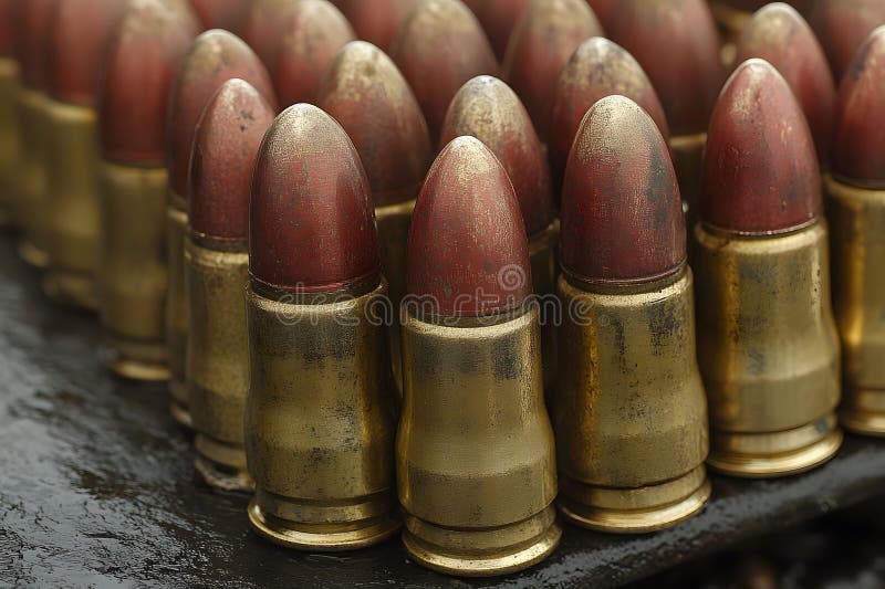 Close-Up of Bullet Ammunition in Rows for Security and Defense Themes ...