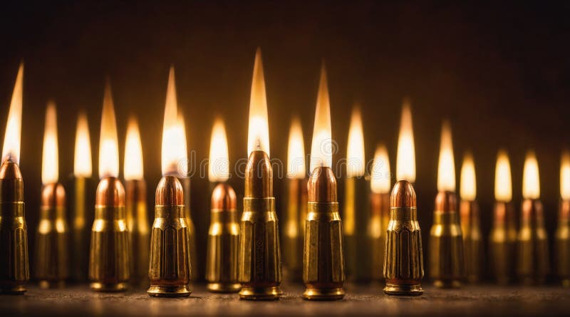 Bullets Arranged in Rows with Flickering Flames during a Dark Setting ...