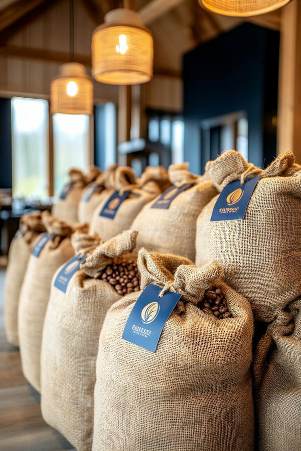 Rows of Burlap Sacks Filled with Roasted Coffee Beans Sit in a Rustic ...