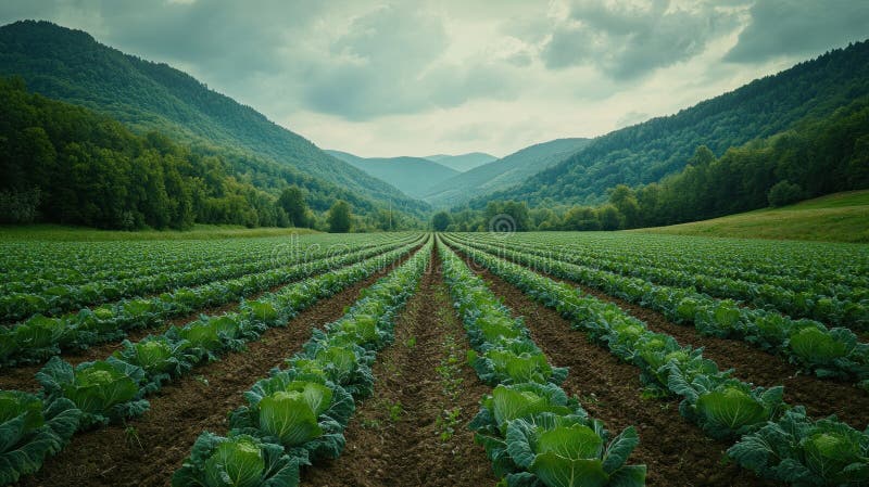 Rows of Cabbage Plants in a Valley, Stretching To the Mountains Stock ...