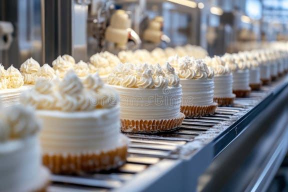 Rows of Cakes with Whipped Cream on a Production Line Editorial ...