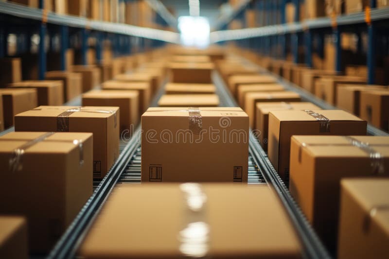 Rows of Cardboard Boxes Neatly Arranged on Shelves in a Warehouse ...