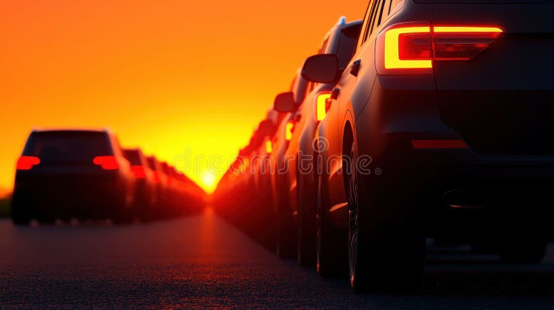 Rows of Cars with Sunset Background on the Road Stock Illustration ...