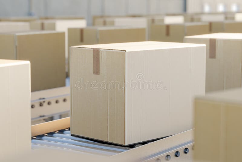 Rows of Carton Boxes on Conveyor Roller 3d Render Stock Illustration ...