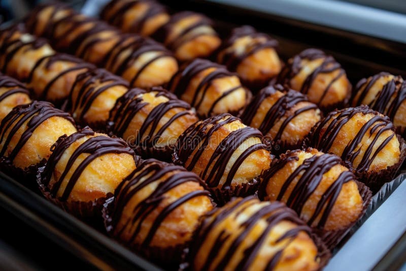 Rows of Chocolate Drizzled Pastries in a Bakery Display Stock ...