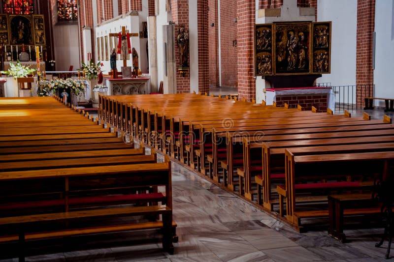 Rows of Church Benches at the Old European Catholic Church. Stock Photo ...