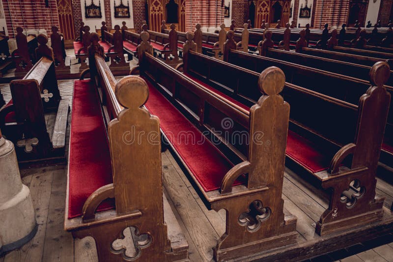 Rows of Church Benches at the Old European Catholic Church. Stock Photo ...