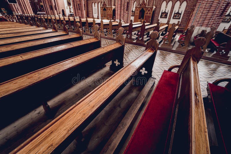 Rows of Church Benches at the Old European Catholic Church. Stock Photo ...