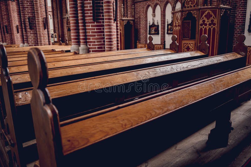 Rows of Church Benches at the Old European Catholic Church. Stock Image ...