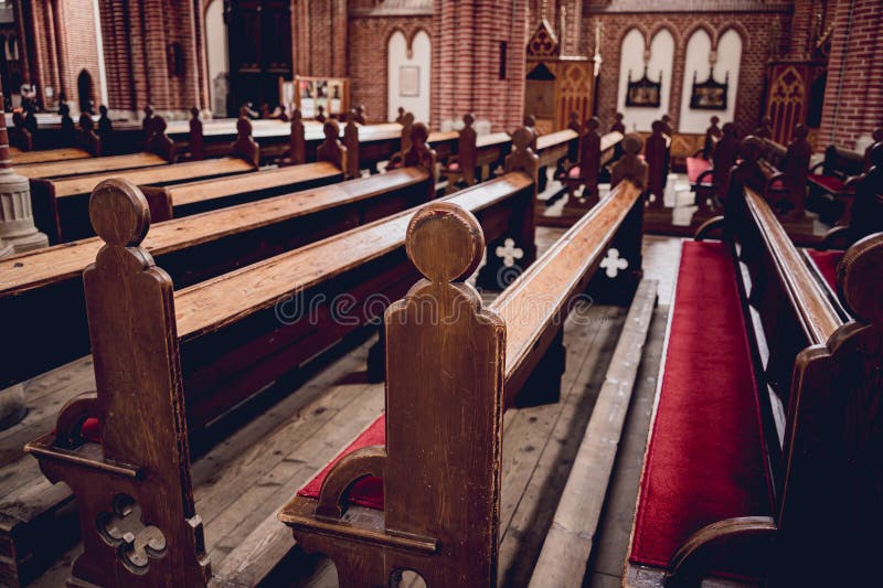 Rows of Church Benches at the Old European Catholic Church. Stock Image ...
