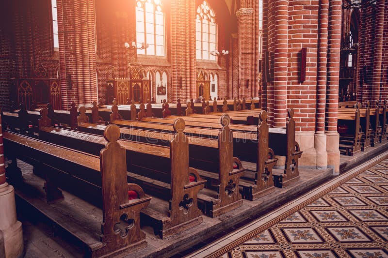 Rows of Church Benches at the Old European Catholic Church. Stock Image ...