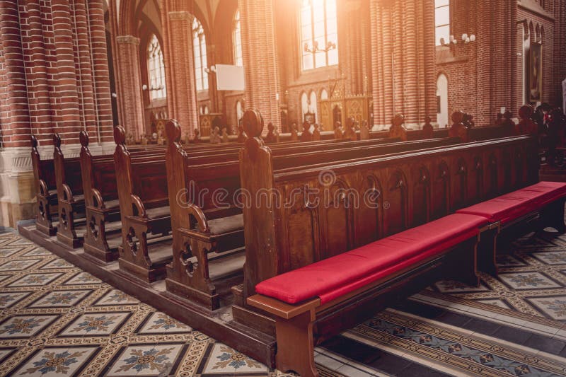 Rows of Church Benches at the Old European Catholic Church. Stock Image ...