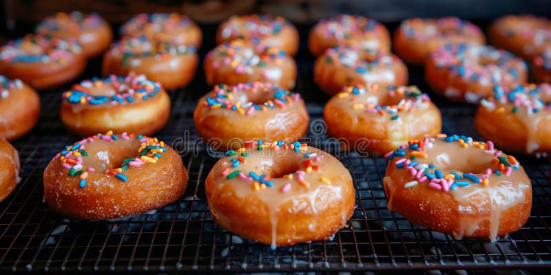 Rows of Classic Sugar Glazed Donut Doughnut with Colourful Sprinkles on ...