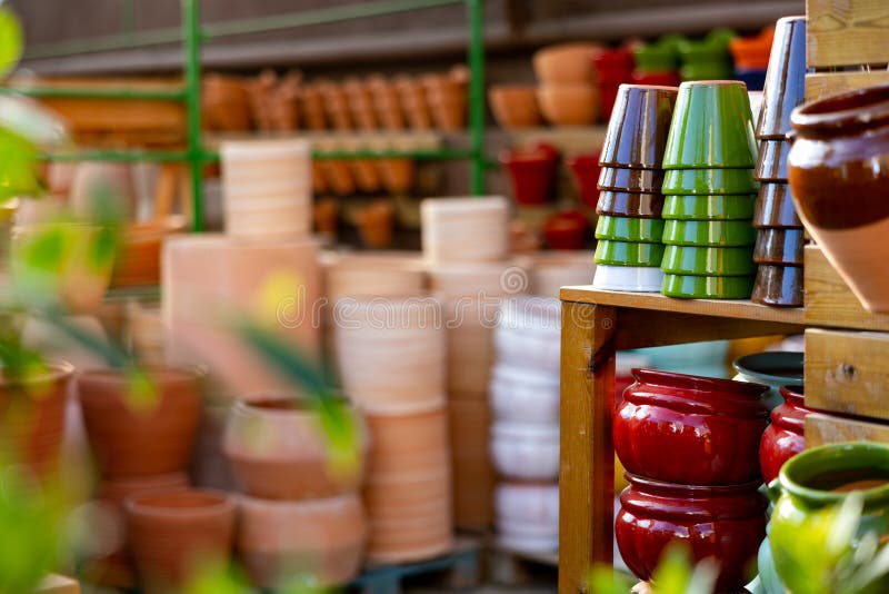 Rows with Clay Pots for Plants in Garden Shop Stock Photo - Image of ...