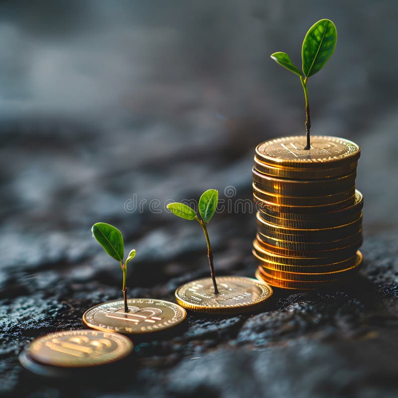 Young Plants Sprouting from Coins on a Dark Surface: Growth and ...