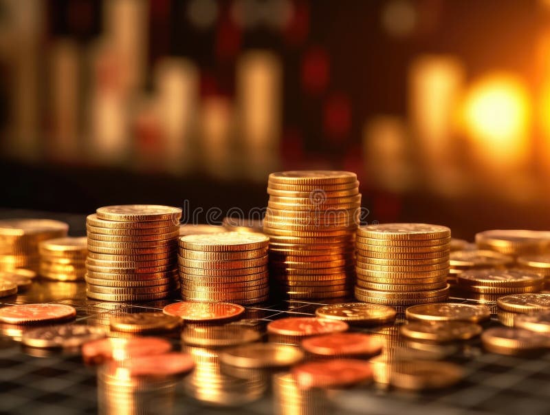 Rows of Coins, a Graph of the Stock Market Trade Indicator, and Piles ...