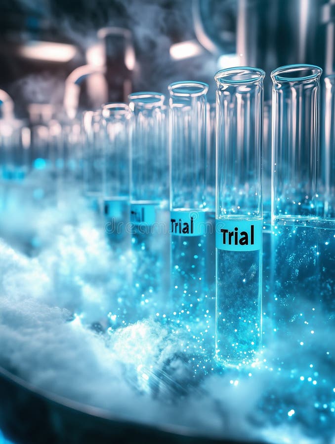 Rows of Cold Test Tubes on a Bench Filled with Blue Liquid in a ...