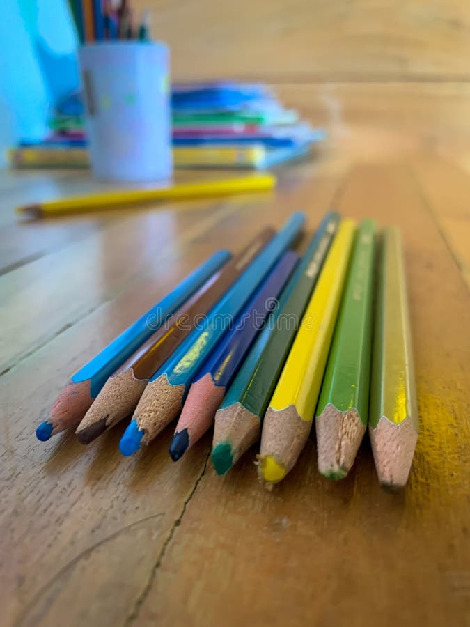 Rows of Colored Pencils on Table Stock Image - Image of children ...