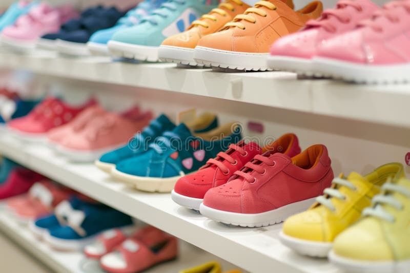 Rows of Colorful Childrens Shoes on White Display Shelves Stock Photo ...