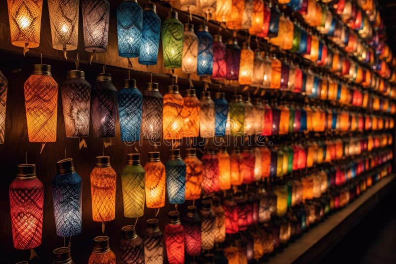 Rows of Colorful Handmade Lanterns on Display Stock Illustration ...