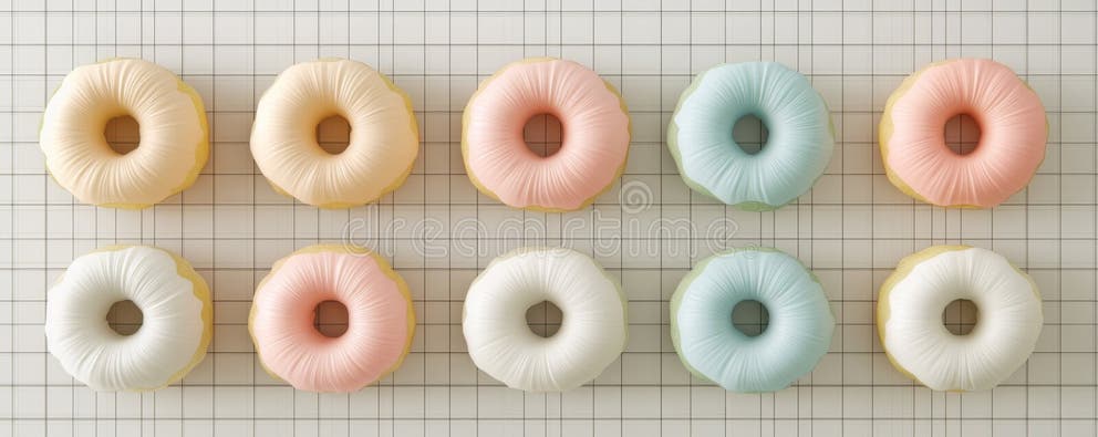 Assorted Donuts in Pastel and Monochrome Rows on Gridded Surface Stock ...