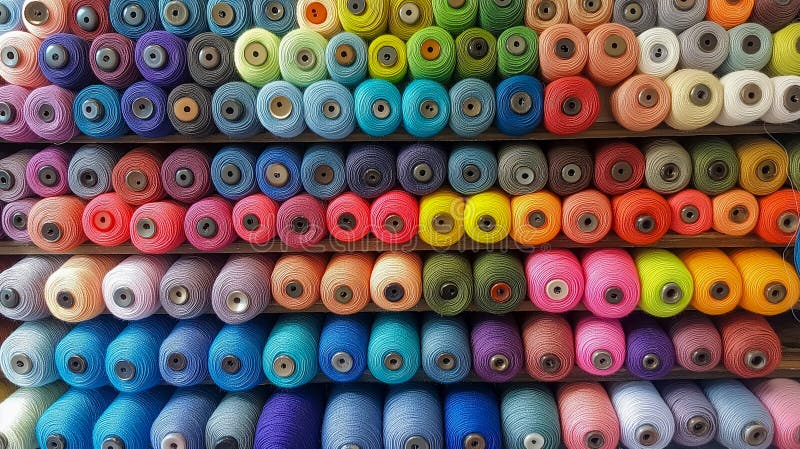 Vibrant Display of Thread Spools Arranged on Shelves in a Crafting ...