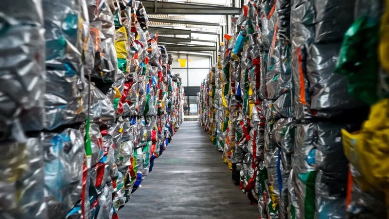 Rows of Compressed Plastic Bales in a Recycling Facility Warehouse ...