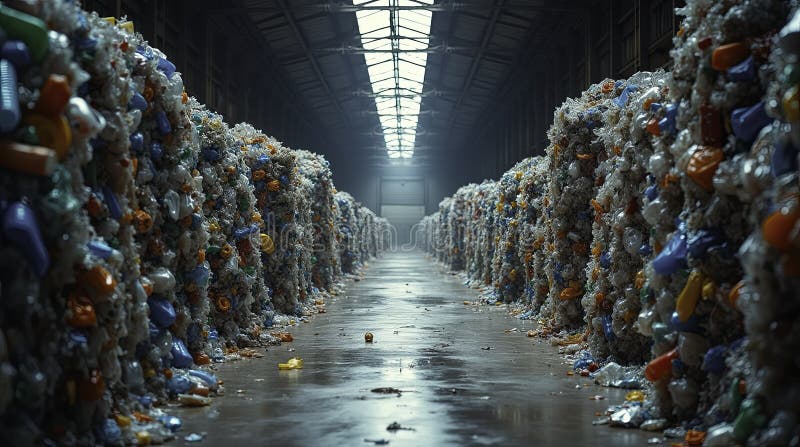 Rows of Compressed Plastic Waste in a Recycling Plant Warehouse Stock ...
