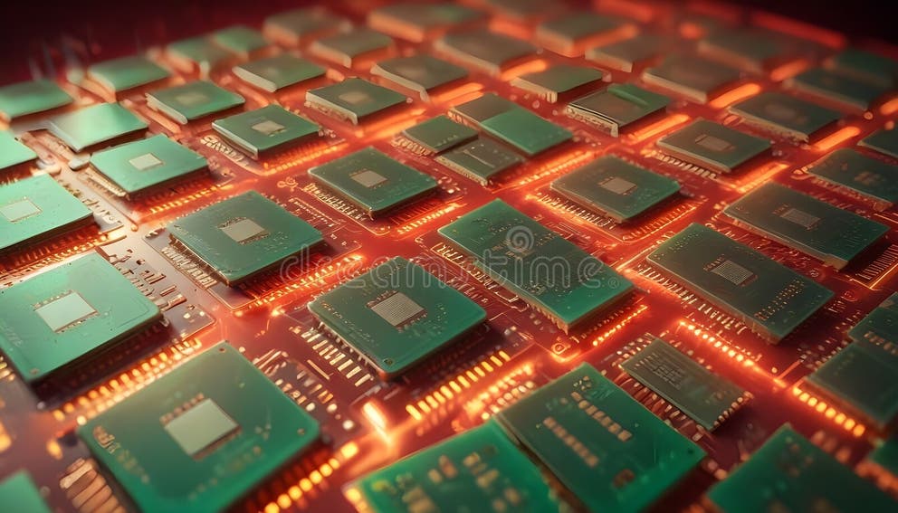 Rows of Computer Chips on a Circuit Board Glow with Intense Orange ...