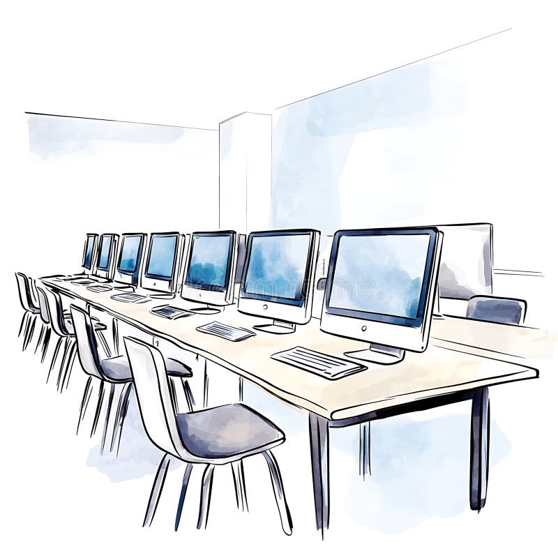 Rows of Computer Desks in a Bright, Modern Classroom or Office Stock ...