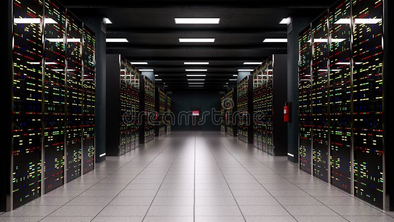 Rows of Computer Equipment in a Dark Information Technology Server Room ...