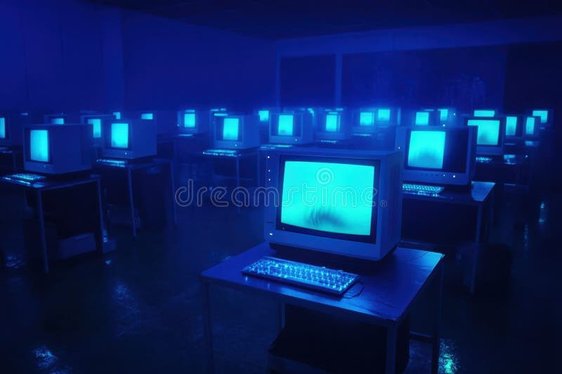 Classrooms Filled with Glowing Blue Computer Monitors at Night in a ...