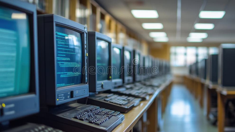 Computer Workstations Lined Up in a Well-lit Classroom Setting during a ...