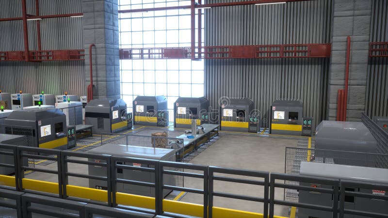 Rows of Computerized Machines in Warehouse, 3D Rendering Stock ...
