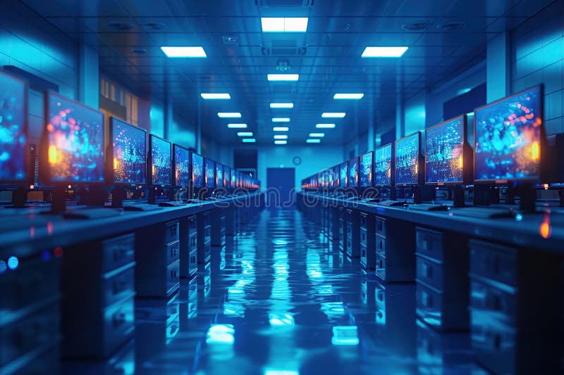 Rows of Computers in a Modern Office Space Stock Illustration ...