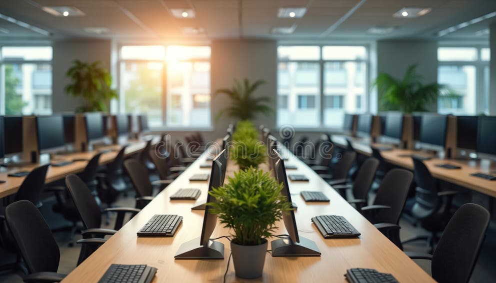 Rows of Computers, Workstations Fill Modern, Empty Office Space ...