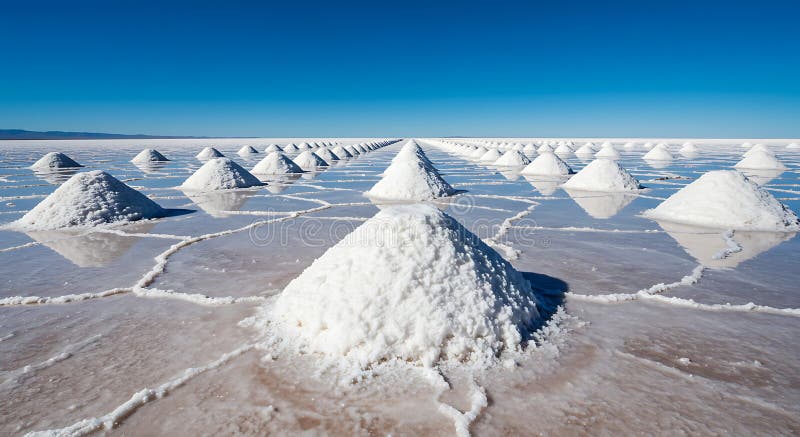 Rows of Conical Salt Mounds Stand on the Flat, Reflective Surface of ...