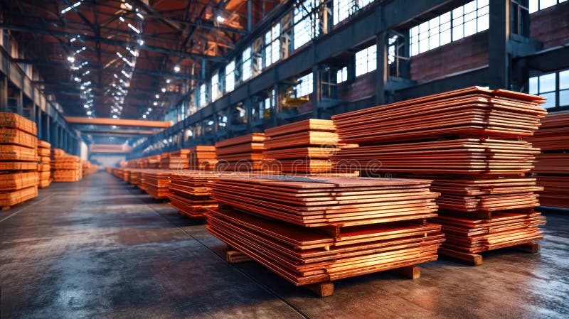 Rows of Copper Plates Neatly Stacked Inside a Large Industrial ...