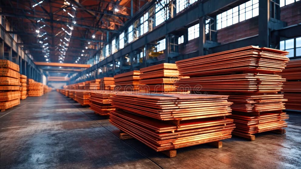 Rows of Copper Plates Neatly Stacked Inside a Large Industrial ...