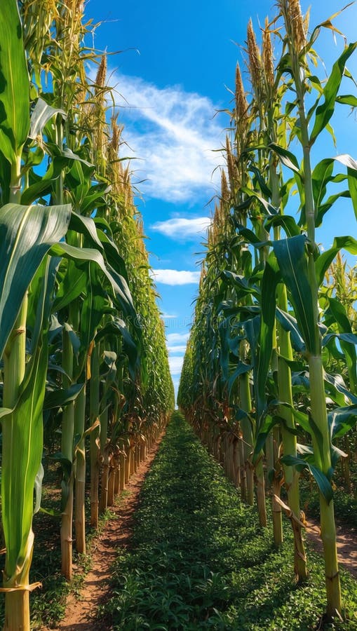Rows of Corn Growing Tall Under Bright Summer Sun Stock Illustration ...