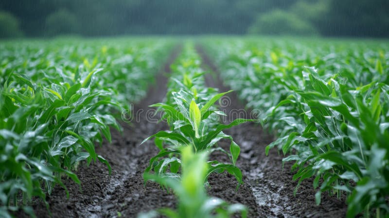 Rows of Corn Plants in a Field during a Rain Shower Stock Illustration ...