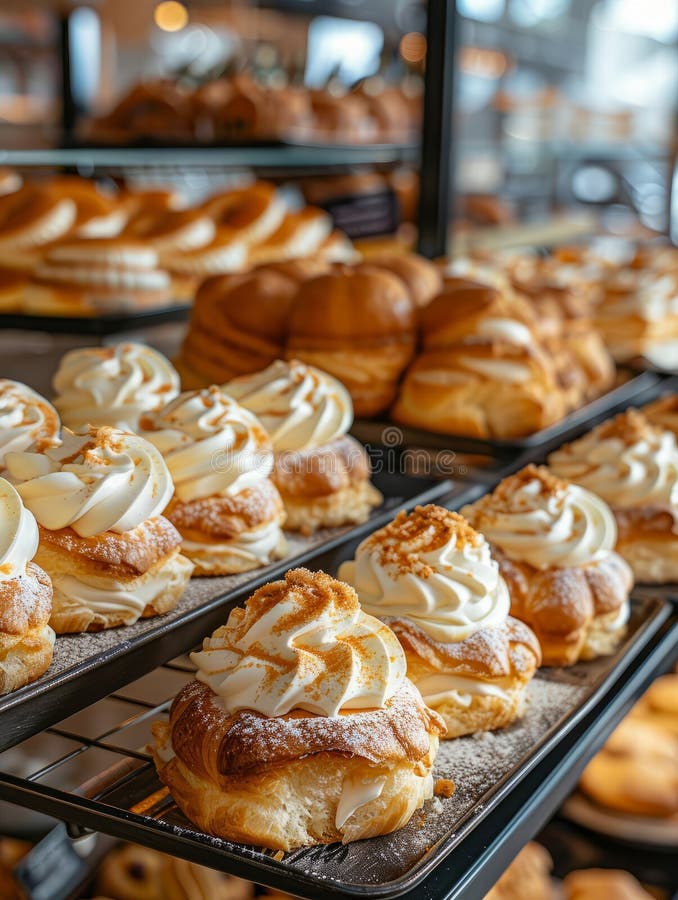 Rows of Cream Puffs in a Bakery Display. Stock Photo - Image of fresh ...