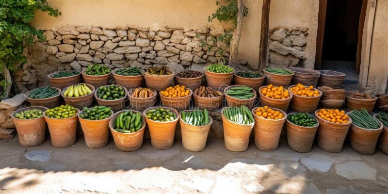 Rows of Crops Displayed in Traditional Pots with Stone Wall Backdrop ...