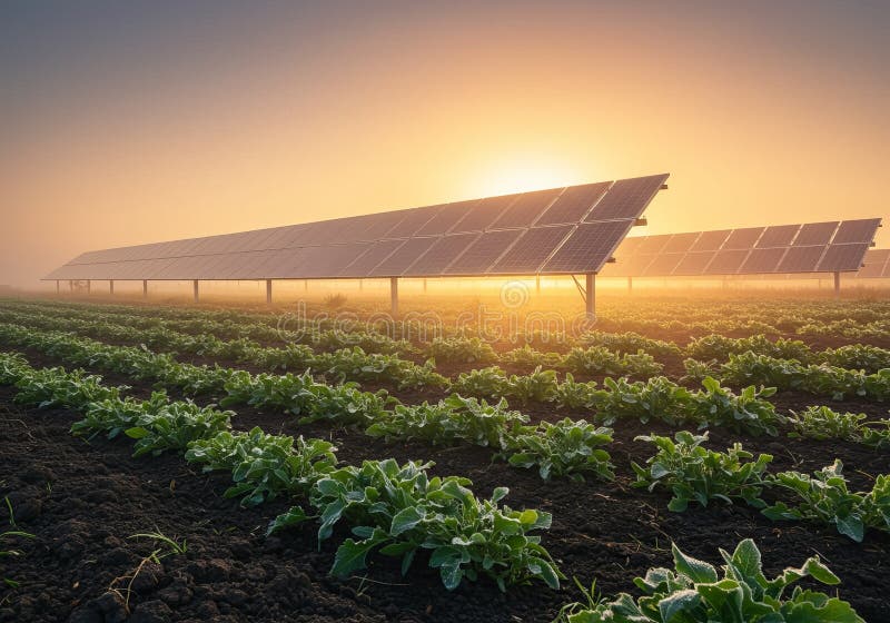 Rows of Crops Thrive Alongside Solar Panels, Showcasing the Synergy of ...